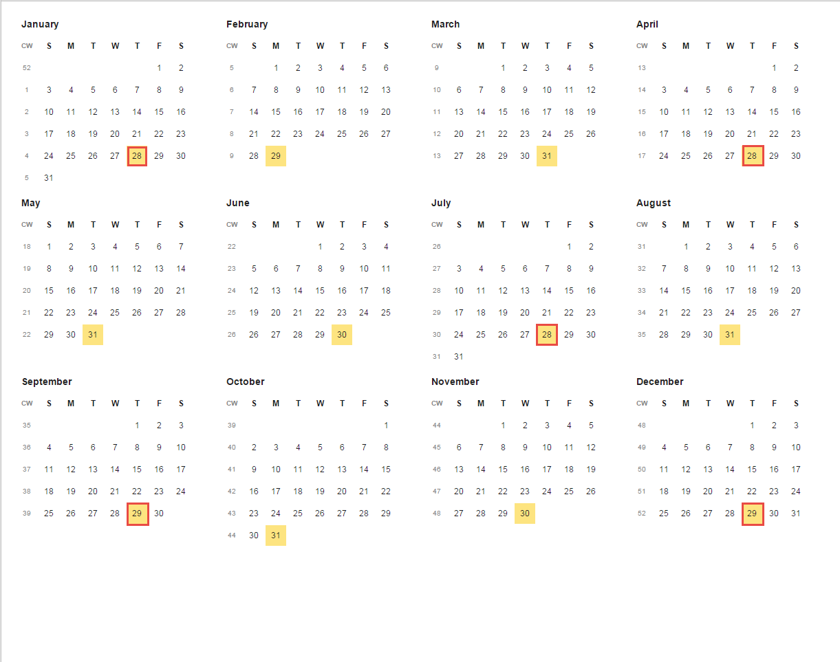 Exemples d'objets calendrier